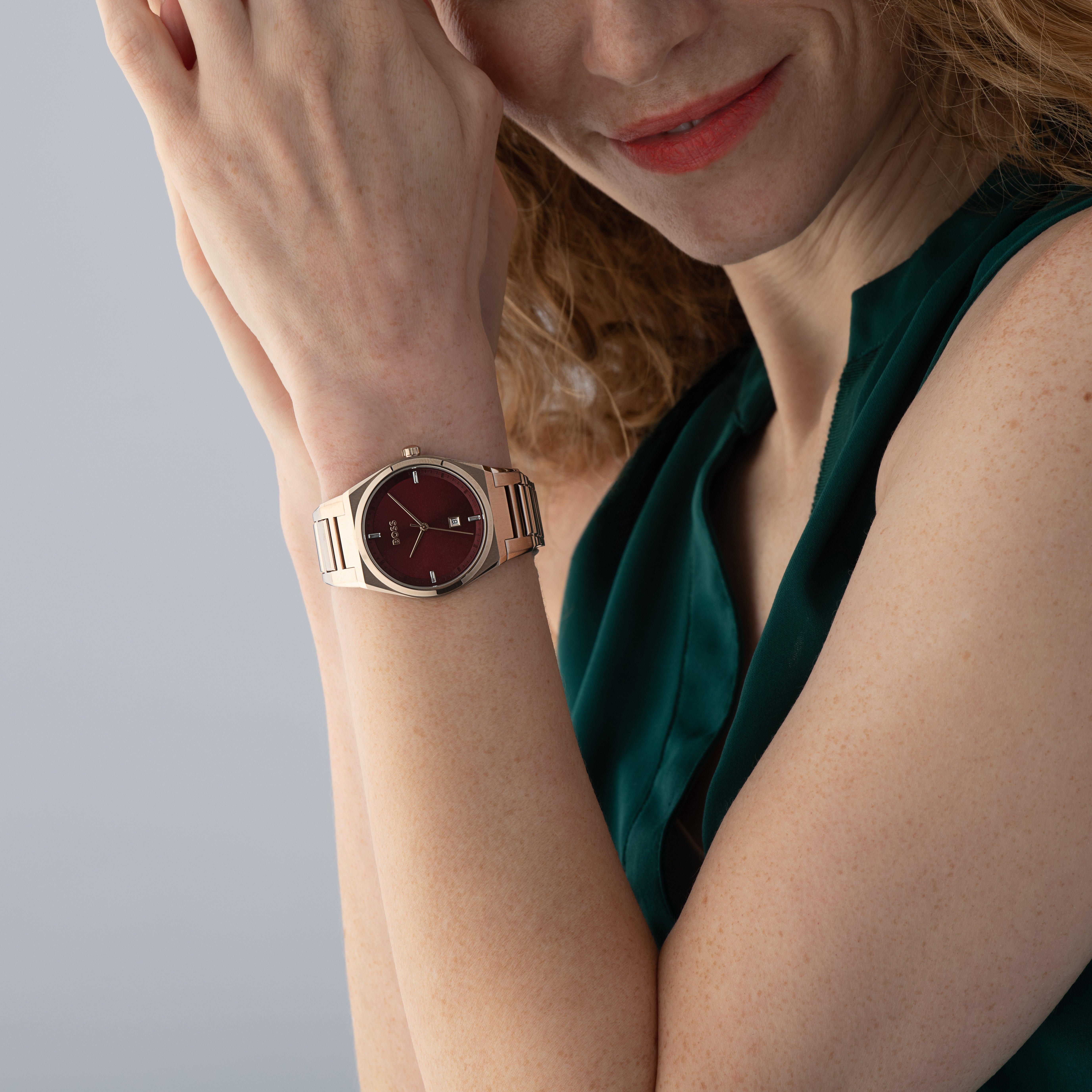 BOSS Steer Rose Tone Burgundy Quartz Ladies Watch 1502671 | 36 mm ...